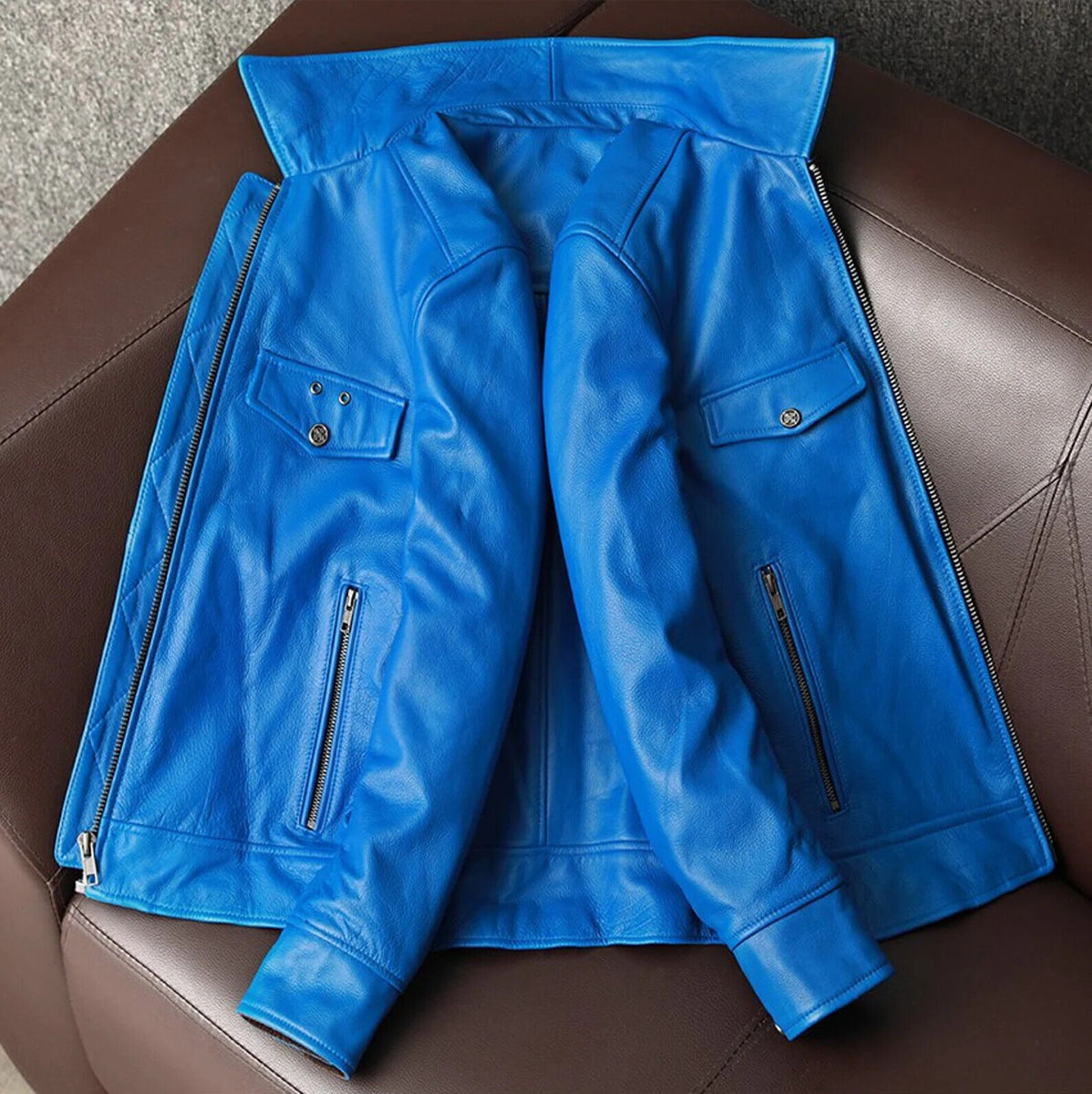Mens Bright Blue Motorcycle Leather Jacket| Real Sheepskin Leather Bik ...