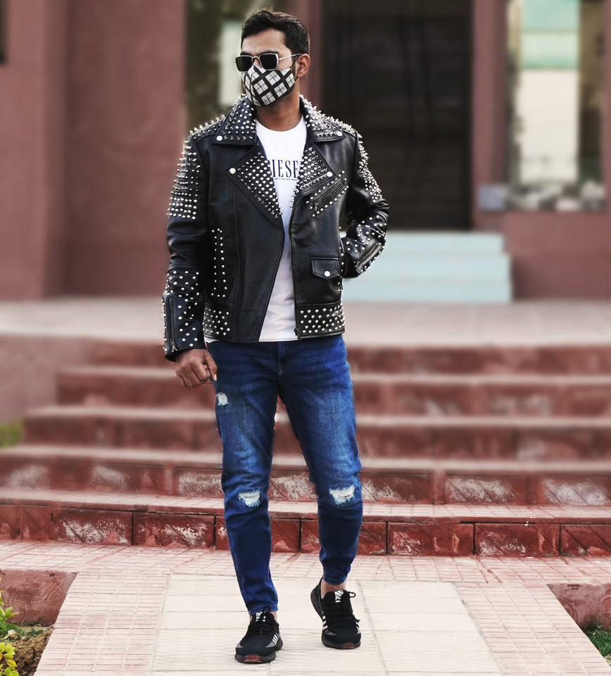 Mens New Silver Studded Biker Leather Jacket. Real Sheepskin Leather M ...
