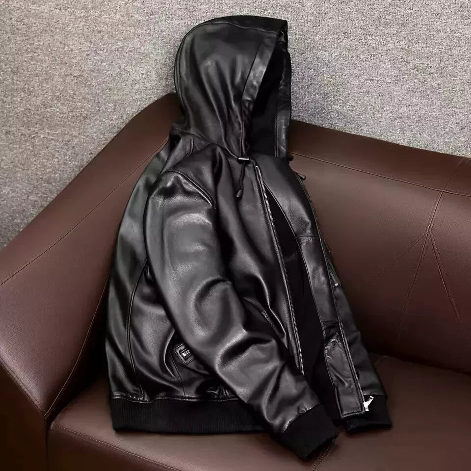 New Men's Hooded Bomber Leather Jacket| Genuine Sheepskin Leather Thic ...